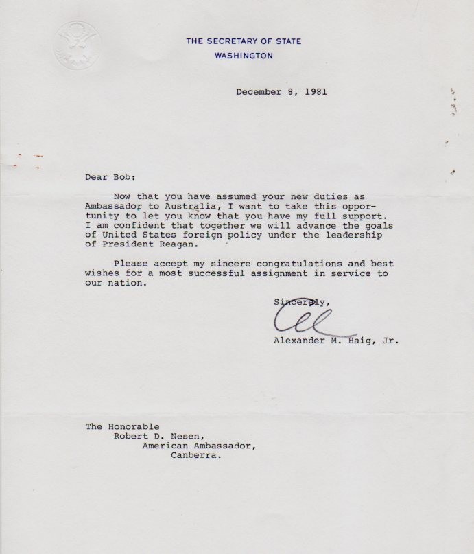 Secretary of State Alexander Haig Letter of Support